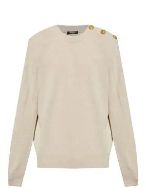 Balmain Cashmere And Wool Sweater With Gold Snap Fasteners - Beige