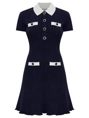 SELF-PORTRAIT Ribbed Mini Dress With Pockets - Navy Blue