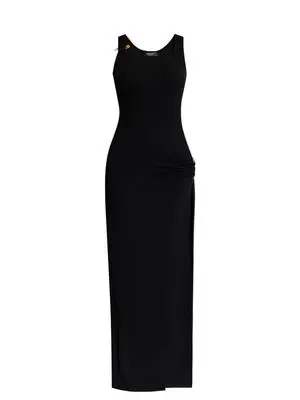 Versace Maxi Dress With Front Slit And Gold Embellishments - Black