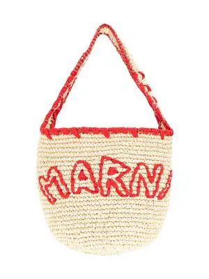 Marni Woven Raffia Shoulder Bag With Embroidered Logo - Beige