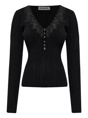 SELF-PORTRAIT Ribbed Knit Top With Shimmering Button Detail - Black