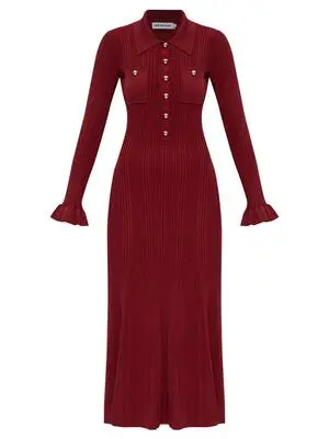 SELF-PORTRAIT Ribbed Midi Dress With Pockets - Burgundy