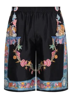 Versace Silk Shorts With Coral Theatre Print - Black