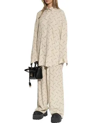 Balenciaga Wide-leg Viscose Pants With Logo - Beige