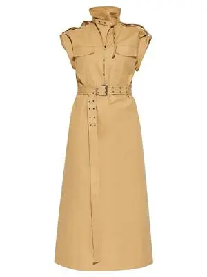 GANNI Cotton-linen Blend Midi Dress With Belt - Beige