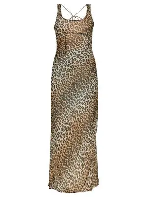 GANNI Long Leopard Print Dress - Beige