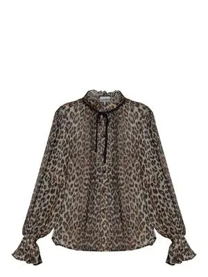 GANNI Leopard Print Sheer Shirt - Brown