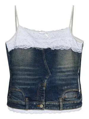 Balenciaga Denim Top With Lace Inserts - Navy Blue