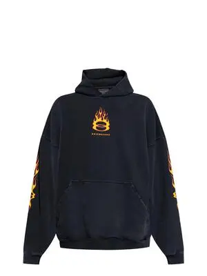 Balenciaga Cotton Hoodie With Flame Print - Black