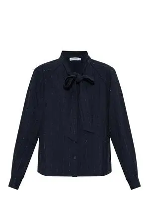 SELF-PORTRAIT Sequin Embellished Shirt With Bow Detail - Navy Blue