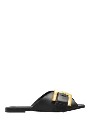 Balmain Leather Slides With Gold Buckle - Black