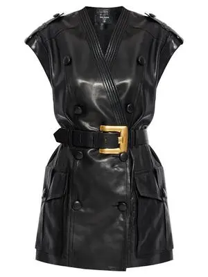 Balmain Leather Mini Dress With Belt - Black