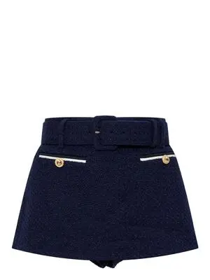 SELF-PORTRAIT Tweed Shorts With Belt - Navy Blue