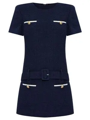 SELF-PORTRAIT Tweed Mini Dress With Decorative Pockets - Navy Blue
