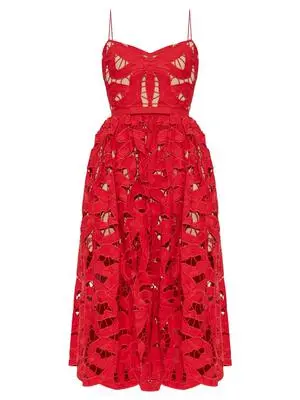 SELF-PORTRAIT Strappy Floral Embroidered Midi Dress - Red