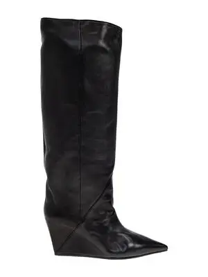 VIC MATIE Leather Wedge Knee High Boots - Black