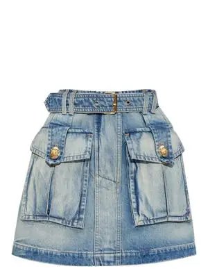 Balmain Denim A-line Skirt With Gold Button Detail - Blue
