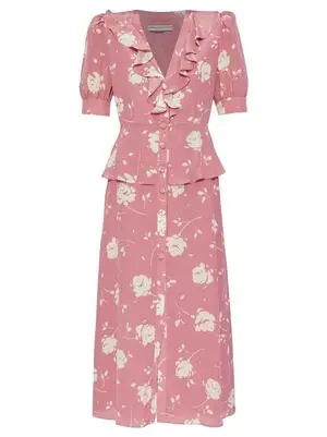 Alessandra Rich Silk Floral Midi Dress - Pink