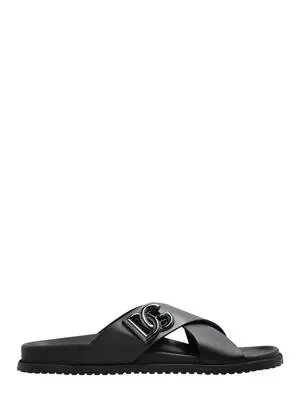Dolce & Gabbana Leather Slides With Logo Appliqu - Black