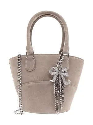 SELF-PORTRAIT Suede Handbag With Crystal Keychain - Grey