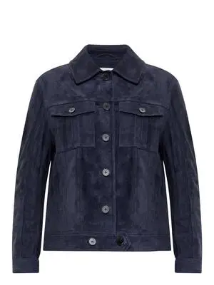SELF-PORTRAIT Suede Trucker Jacket - Navy Blue
