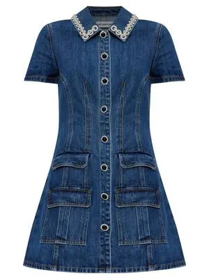 SELF-PORTRAIT Pearl Appliqué Denim Mini Dress - Blue