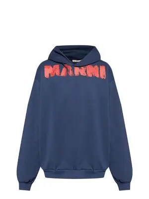 Marni Hooded Cotton Knit Sweatshirt With Logo - Navy Blue