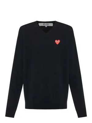 Play Comme Des Garcon V-neck Wool Sweater With Heart Patch - Black