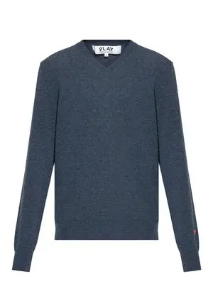 Play Comme Des Garcon V-neck Wool Sweater With Heart Logo - Blue