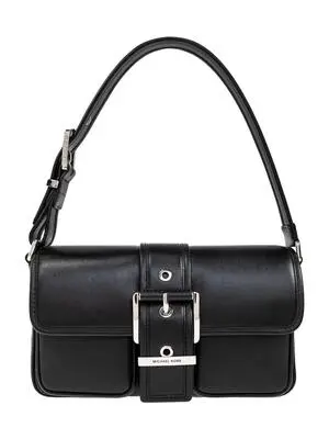 Michael Kors Full-grain Leather Shoulder Bag With Silver-toned Buckle - Black