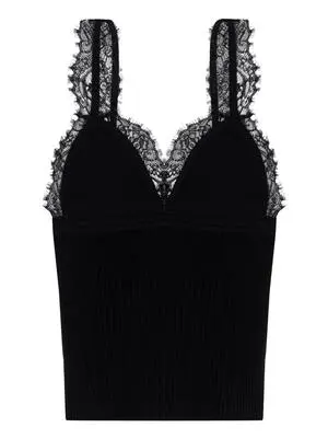 Blumarine Ribbed Knit Top With Lace Straps - Black