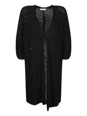 120% Lino Long Cardigan With Bead Detailing - Black