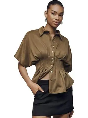 EXQUISE Tobie Waisted Button-Down Shirt Top Olive