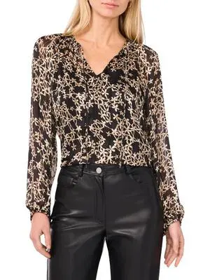 Vince Camuto Floral Metallic Stripe Satin Top - Rich Black