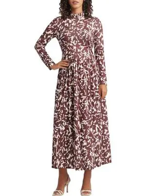 Parker Printed Mock Neck Long Sleeve Maxi Dress - Rum Raisin