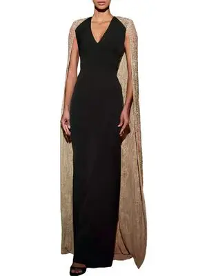 RHEA COSTA Asma Sequin-cape V-neck Gown - Black
