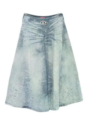 DIESEL Acid-wash Denim Midi A-line Skirt With Logo Plaque - Blue