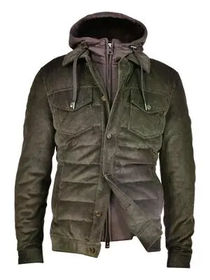 Kiton Corduroy Quilted Coat With Detachable Hood - Green