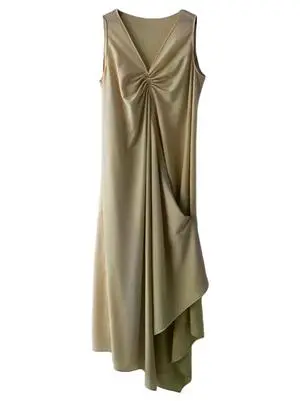 SHANSHAN RUAN Asymmetric V-neck Jersey Midi Dress - Neutrals