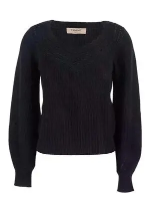 TWINSET Ribbed Knit V-neck Sweater With Embroidered Collar - Black