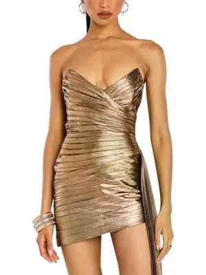 Retrofete Danielle Strapless Pleated Dress - Gold