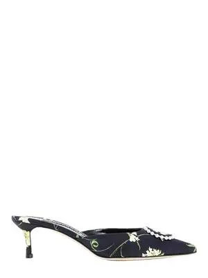 Manolo Blahnik Floral-print Pearl-embellished Mules - Black