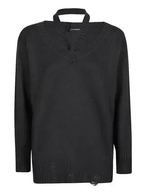 CANESSA Distressed Cashmere V-neck Sweater - Black