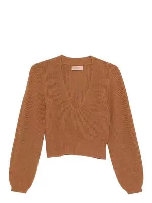 TWINSET V-neck Ribbed Knit Sweater - Brown