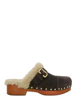 Chloé 35mm Jeannette Shearling-trimmed Buckle Clogs - Brown