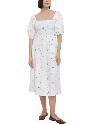 Barbour Puff-sleeved Embroidered Midi Day Dress - White