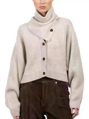 Le Kasha Detachable Scarf V-neck Cardigan - Neutrals
