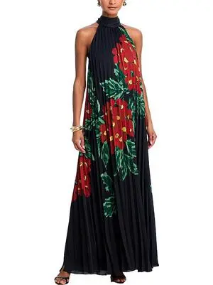 UNGARO Lester Pleated Halter Dress - Red Multi