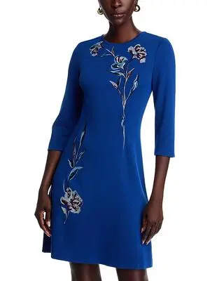 Misook Floral Embroidered Dress - Lazuli Blue/multi
