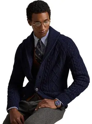 Polo Ralph Lauren Suede Patch Wool Alpaca Cardigan - Blue